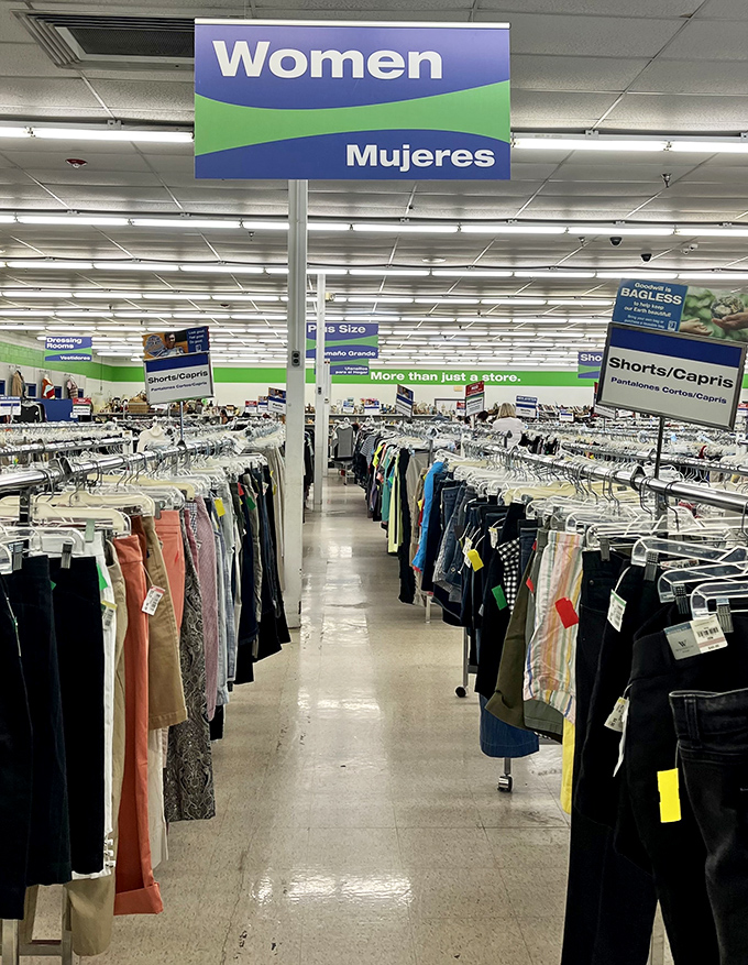 The women's department, where fashion trends from every decade peacefully coexist. A historical timeline of pants styles marches down this well-organized aisle.