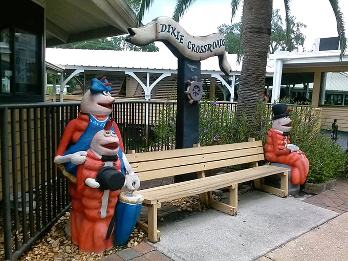 Even the waiting area features whimsical shrimp sculptures, because at Dixie Crossroads, seafood isn't just food&mdash;it's culture.