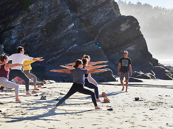 Beach yoga takes on new meaning when your studio features crashing waves, misty cliffs, and sand between your toes.