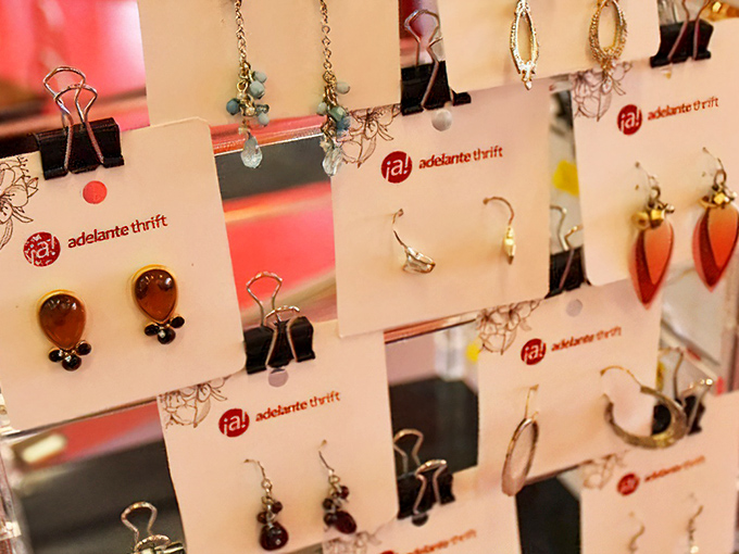 Jewelry displays featuring earrings with personality. These accessories didn't end up here because they weren't loved&mdash;they're just ready for their next adventure. 