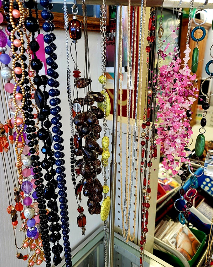 Jewelry that spans decades and styles, hanging like colorful wind chimes. Someone's "I have nothing to wear" outfit is about to get a serious upgrade.