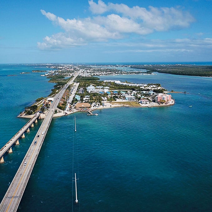The Seven Mile Bridge from above looks like someone drew a line connecting paradise to more paradise. Civil engineers rarely get this poetic.