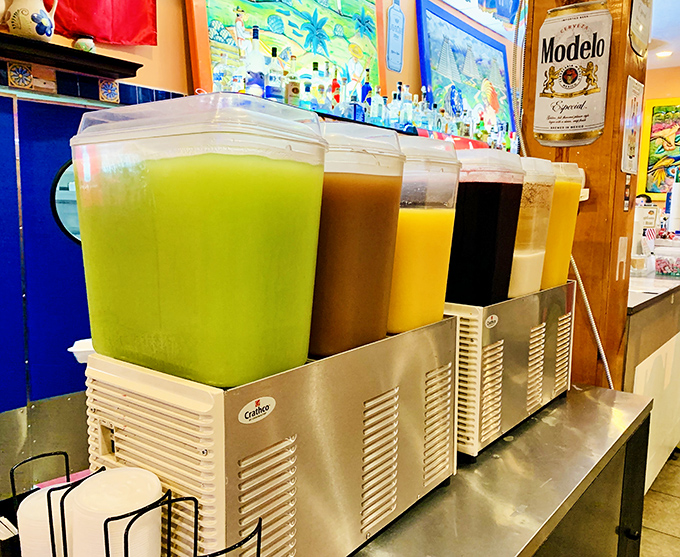 These aguas frescas containers hold liquid rainbows, each color promising refreshment that soda companies can only dream about.