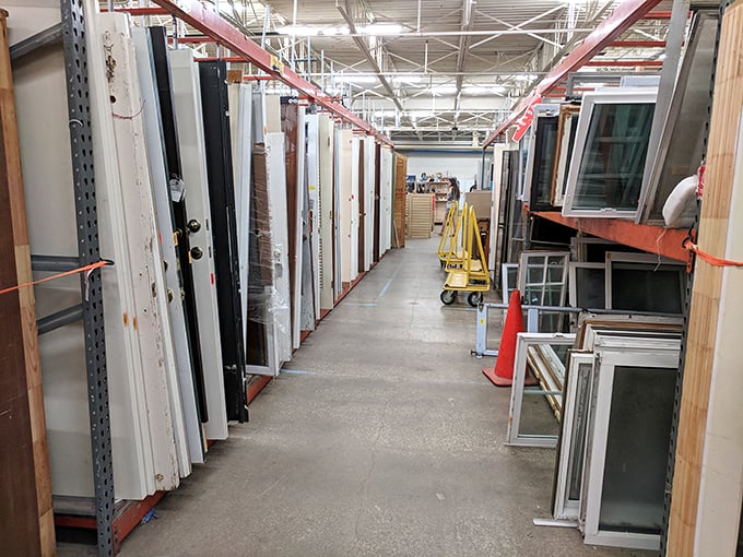 The door aisle stretches like a hallway to nowhere, offering entryways for every architectural style imaginable.