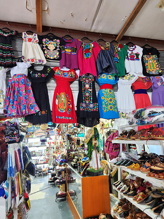 Vibrant Mexican-inspired dresses create a rainbow of cultural craftsmanship, bringing international flair to Jacksonville's shopping scene.