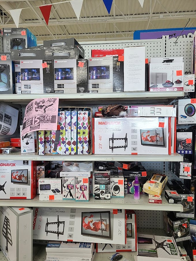 Tech treasures abound in the electronics section, where TV mounts, speakers, and gadgets await the savvy shopper who knows patience pays off in massive savings.