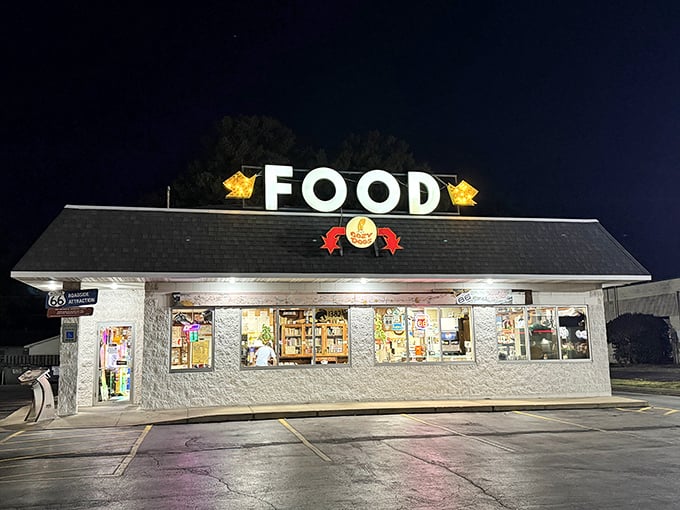 After dark, the Cozy Dog glows like a beacon of hope for hungry night travelers. Midnight cravings, meet your match.