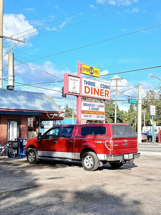 The parking lot &ndash; first checkpoint in the breakfast quest. That truck knows what we all know: good diners are worth the drive.