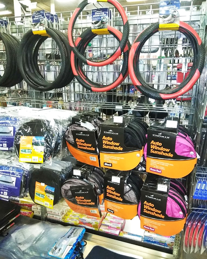 Bike tires and window shades hang like modern art installations. Your car's next accessory is hiding in plain sight.