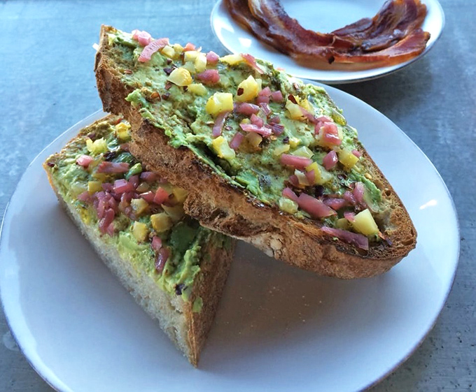 Avocado toast that would make millennials sell their smartphones. Those pickled red onions add a zing that says "I'm not basic."
