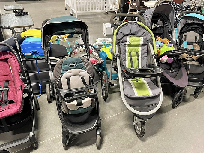 The stroller collection stands ready for deployment&mdash;gently used chariots for the next generation of mall-walkers, park-goers, and grocery store navigators.