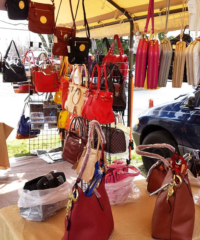 Handbag heaven for the fashion-conscious bargain hunter. Designer lookalikes and genuine vintage finds hang like colorful fruit ripe for the picking.