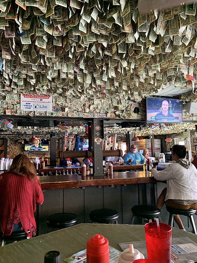 The bar area showcases more of that famous dollar bill decor. Every surface tells stories of visitors past, present, and those yet to arrive.