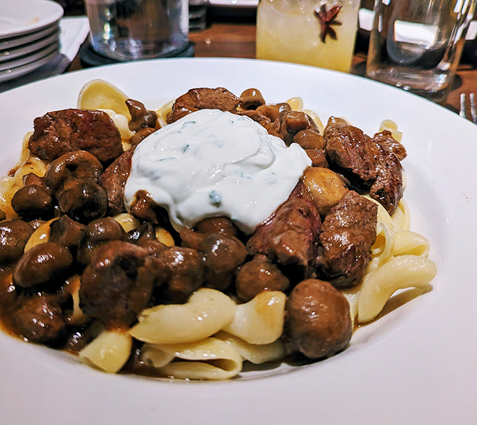 Beef stroganoff reimagined with tender chunks of steak and mushrooms over pasta, crowned with a dollop of herb-flecked cream &ndash; nostalgia elevated.