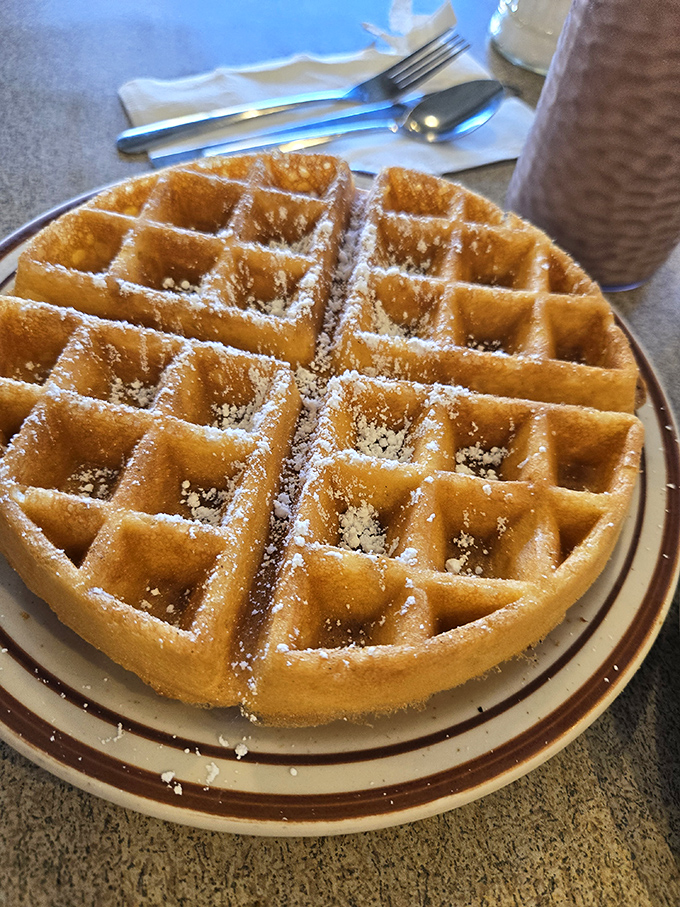 Belgian waffle perfection&mdash;golden squares dusted with powdered sugar like fresh snow on a breakfast landscape.