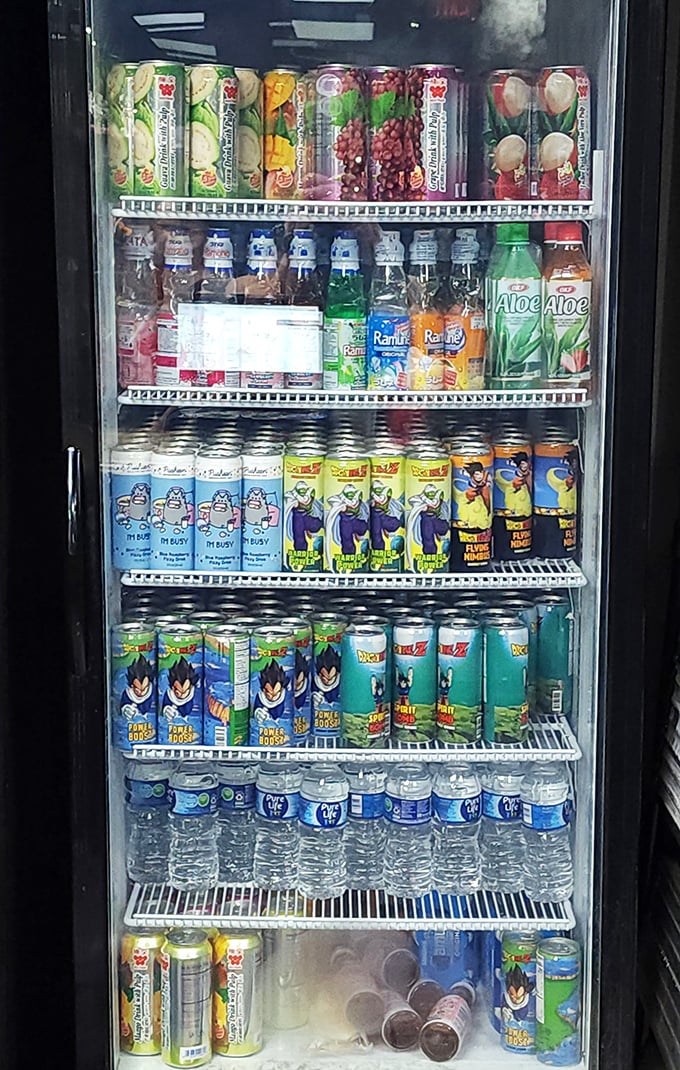 The drink cooler is a character itself, stocked with anime-themed beverages and Asian favorites. Even hydration gets the Dragon Ball treatment here.