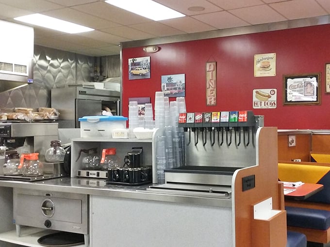 The beverage station stands ready for action, with the soda fountain and coffee makers prepared to hydrate Lansdale's hungry masses.