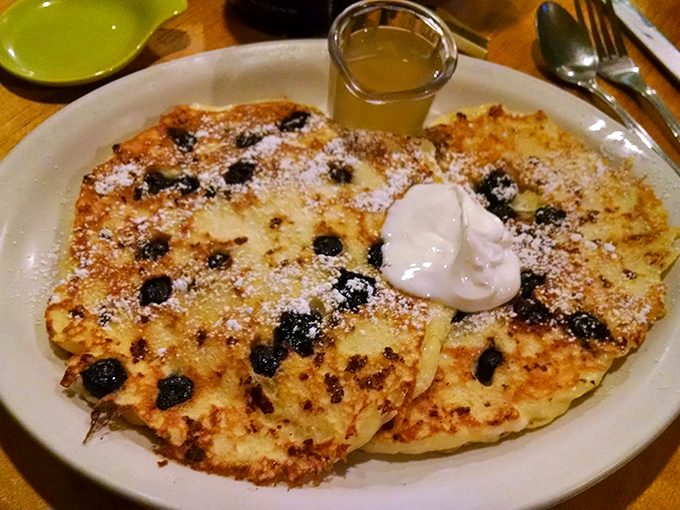 Blueberry pancakes so perfectly golden and fluffy they deserve their own Montana state holiday.