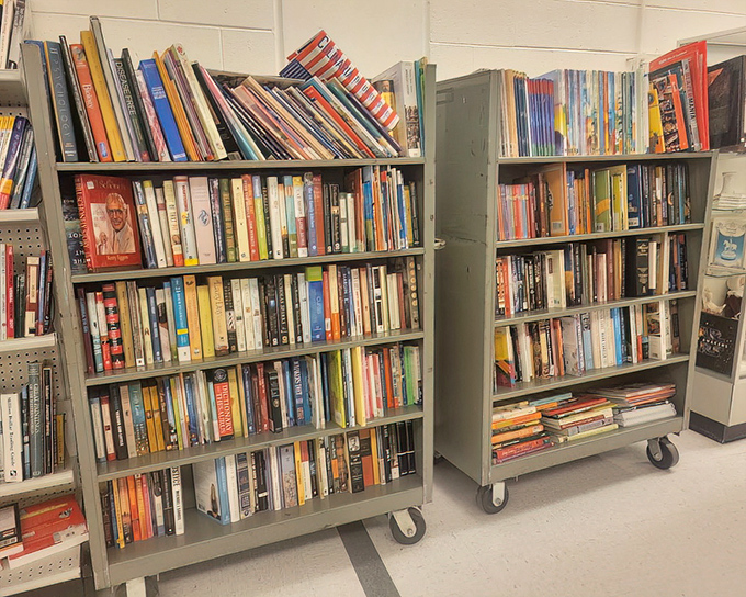 The rolling book collection: literature on wheels! From self-help to mystery novels, these shelves contain someone else's finished adventures.