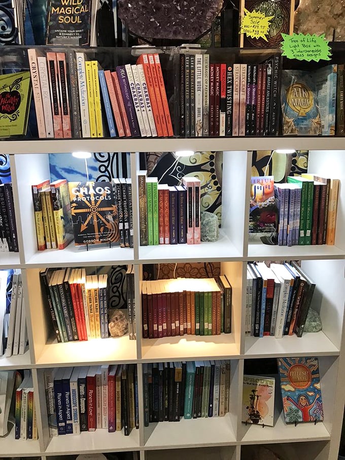 A bibliophile's dream corner &ndash; where mystical titles and spiritual guides promise enlightenment for less than the price of a fancy coffee.