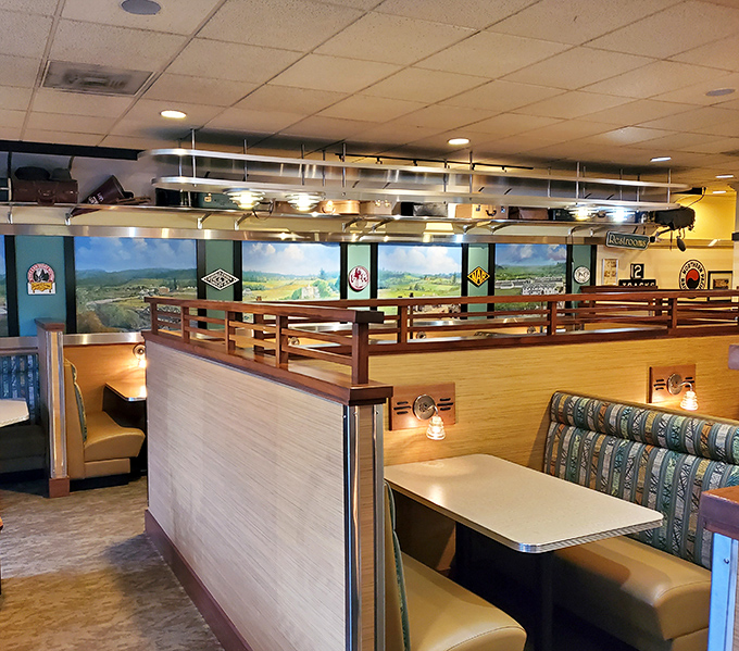 Booths designed for lingering conversations and second coffee refills. Those landscape murals remind you you're in wine country, even at 7am.