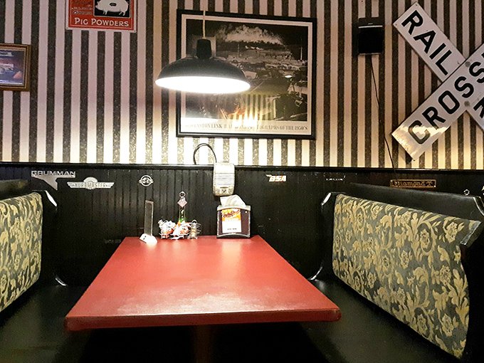 Red tables, striped walls, and railroad signs &ndash; this isn't interior decorating, it's a time machine to when restaurants had genuine character.