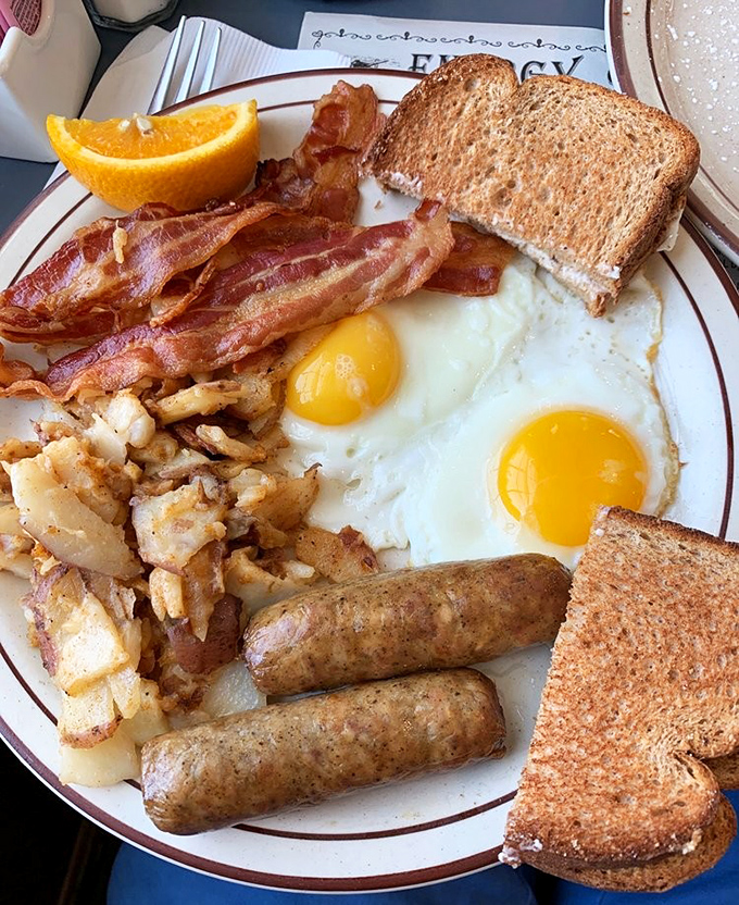 The breakfast plate that launched a thousand road trips&mdash;eggs, bacon, sausage, toast, and those legendary home fries worth crossing state lines for.