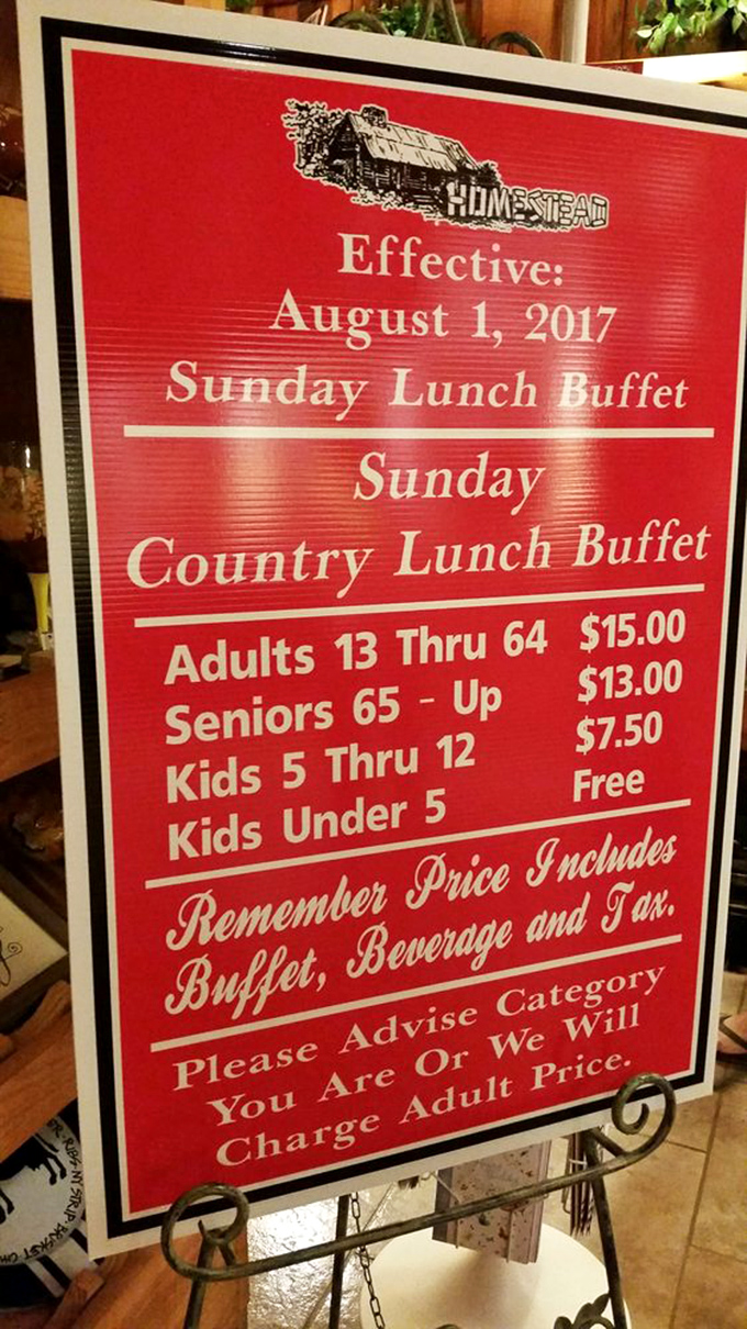 The Sunday buffet sign promises country cooking at fair prices. In a world of inflation, this feels like finding money in an old jacket.