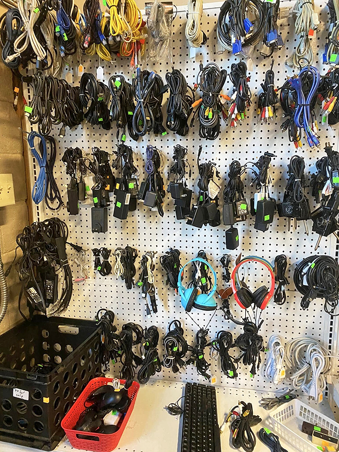 The electronics section is a tech time capsule where forgotten cables and adapters find new purpose in our perpetually plugged-in lives.