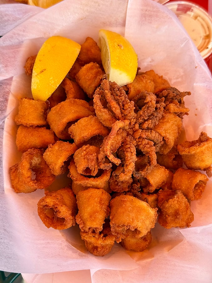 This mountain of golden calamari isn't just an appetizer—it's a crispy, tender testament to proper frying technique and respect for ingredients.