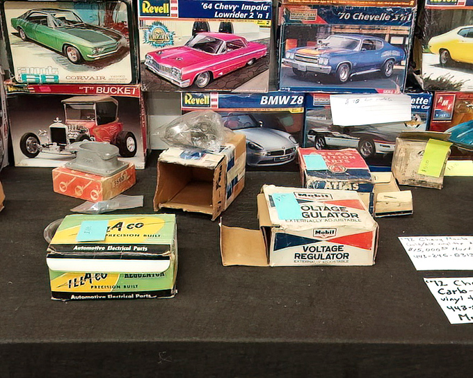 Model cars and vintage auto parts that fuel daydreams of road trips never taken. Every box contains a miniature American love affair with the open road.