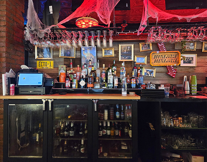 The bar where Ghostbusters might unwind after a tough day. That "ECTO-1" license plate and Beetlejuice sign seal the deal.