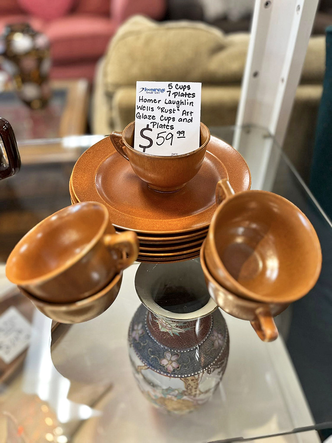 Vintage treasure alert! These Homer Laughlin "Ruse" art glaze cups and saucers aren't just dishware&mdash;they're conversation pieces waiting to elevate your morning coffee ritual.