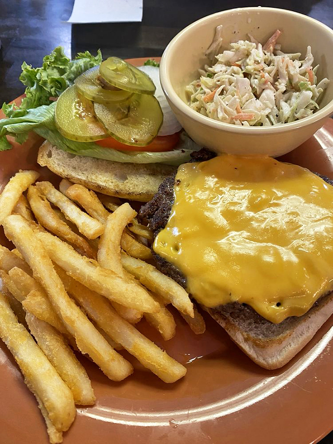This isn't just a cheeseburger&mdash;it's a proper meal with golden fries, fresh fixings, and coleslaw that makes lunch hour feel like a celebration.