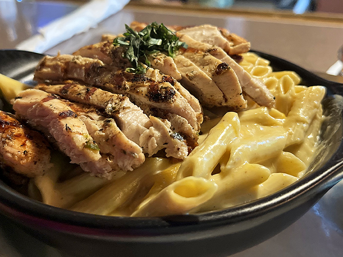 Pasta that doesn't try to be Italian&mdash;it's proudly Ohio-style comfort food. That grilled chicken on top is the protein crown this creamy throne deserves.