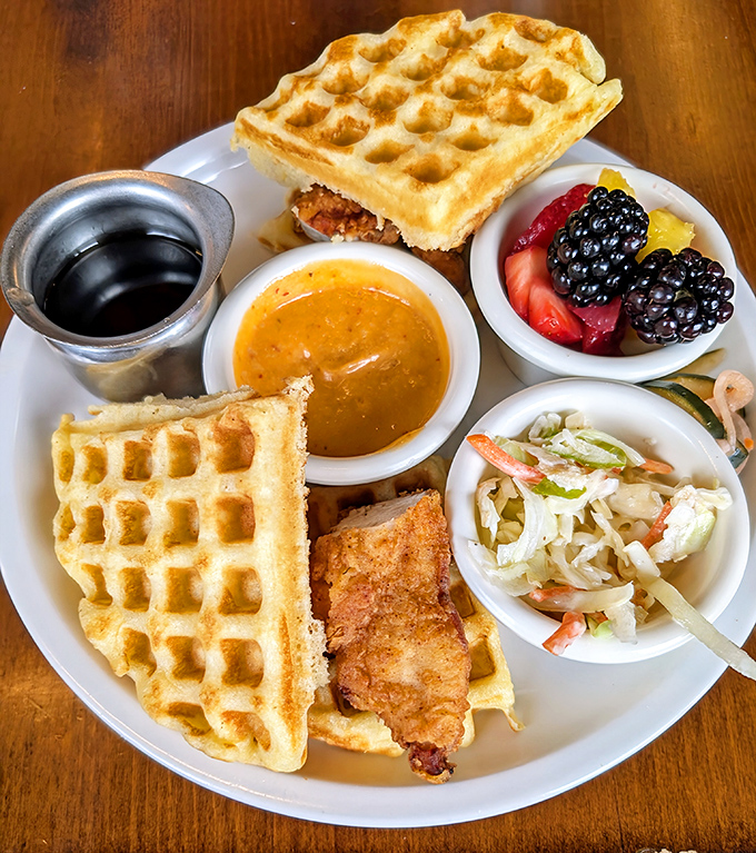 The chicken and waffle isn't just a dish&mdash;it's a beautiful marriage of textures where crispy meets fluffy, with sides that ensure no flavor gets lonely.