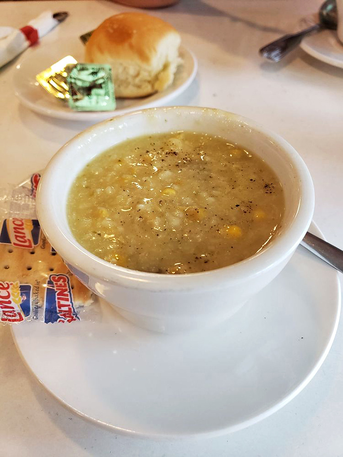 Chicken corn soup that warms the soul on chilly Pennsylvania mornings. Served with a dinner roll that's begging to be dunked.