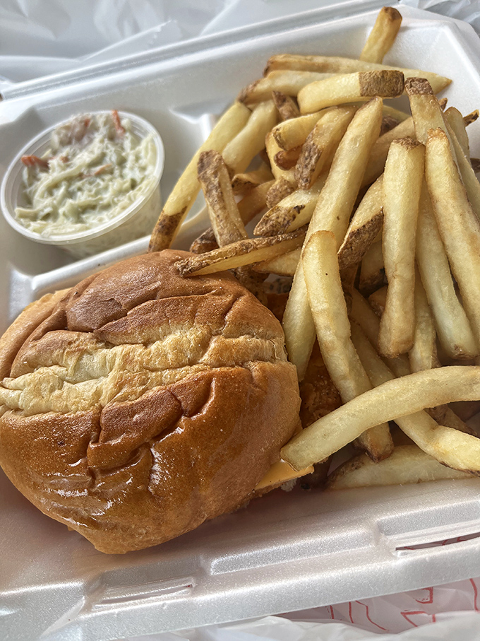 A sandwich and fries combo in a takeout container that whispers, "Your car is about to smell amazing, and you won't even mind."