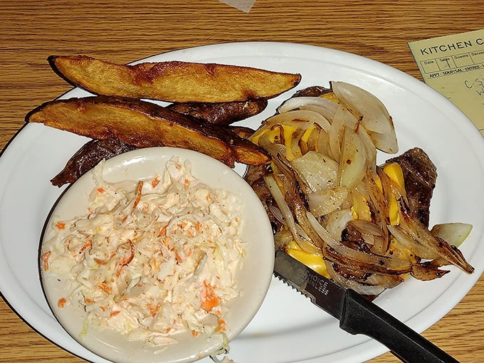 A chopped sirloin steak with grilled onions and peppers that would make even a vegetarian pause for consideration. That coleslaw looks like creamy perfection.