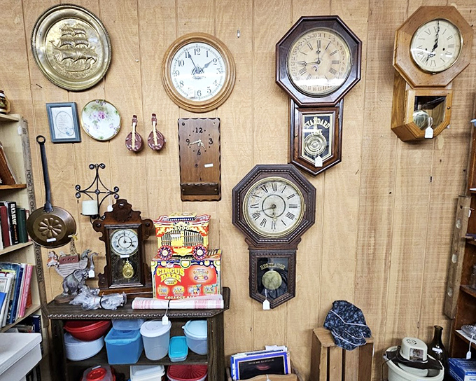 The wall where time stands still&mdash;literally. These pendulum clocks have been ticking away decades, each face telling a different story of American craftsmanship.