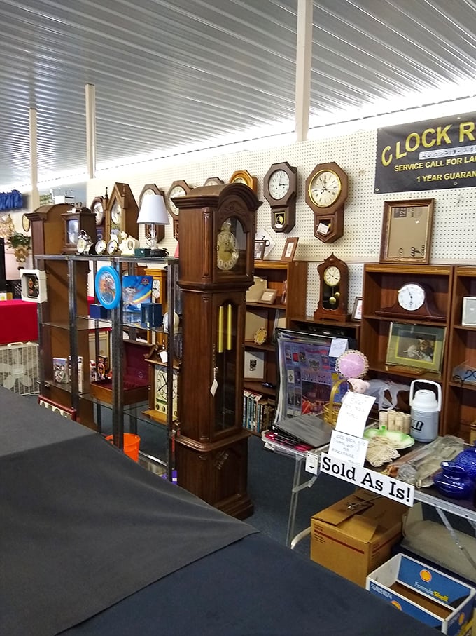 The clock repair booth feels like stepping into a time portal, surrounded by pendulums and faces that have marked hours for generations.
