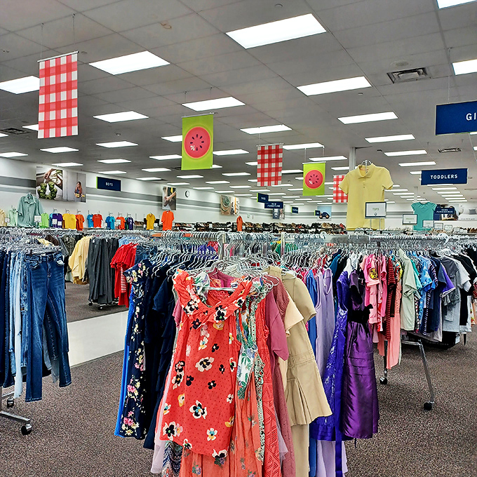 A kaleidoscope of fabrics tells the story of fashion trends come and gone. That red floral dress is practically begging for a second chance. 