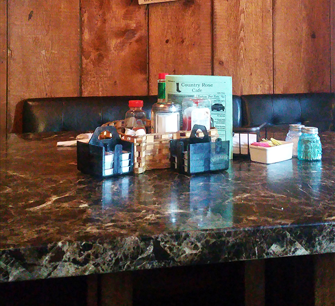 Table condiments arranged with prairie practicality&mdash;everything you need within arm's reach, nothing you don't.