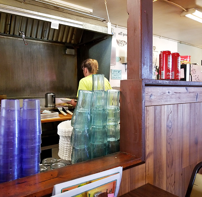Behind the scenes, where the magic happens. Those stacked glasses await their destiny&mdash;to deliver sweet tea to thirsty patrons.