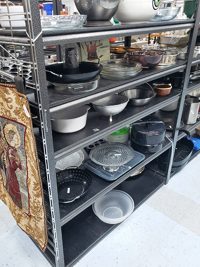 Kitchen equipment paradise where cast iron pans with decades of seasoning wait to transform someone's cooking game forever.