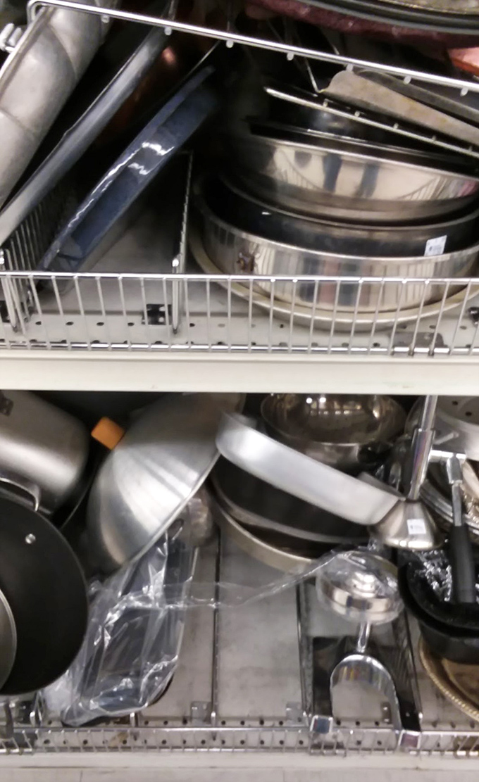 The kitchenware aisle is a cook's playground where professional-grade pots mingle with quirky vintage bakeware at prices that seem like typos.