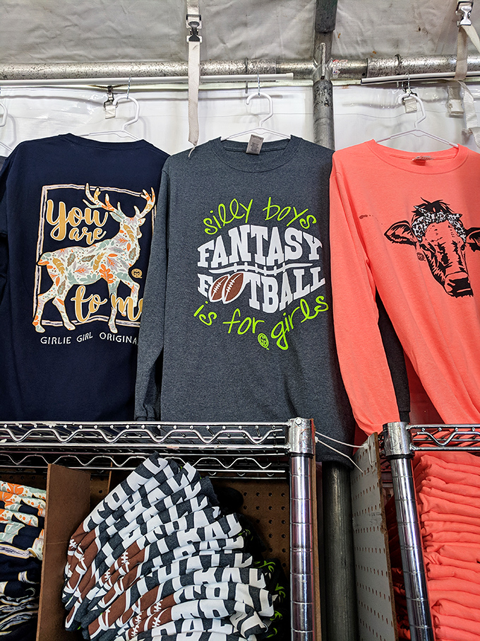 Southern pride on full display with clever t-shirts. "Fantasy Football is for Girls" might start a few friendly arguments at the tailgate.