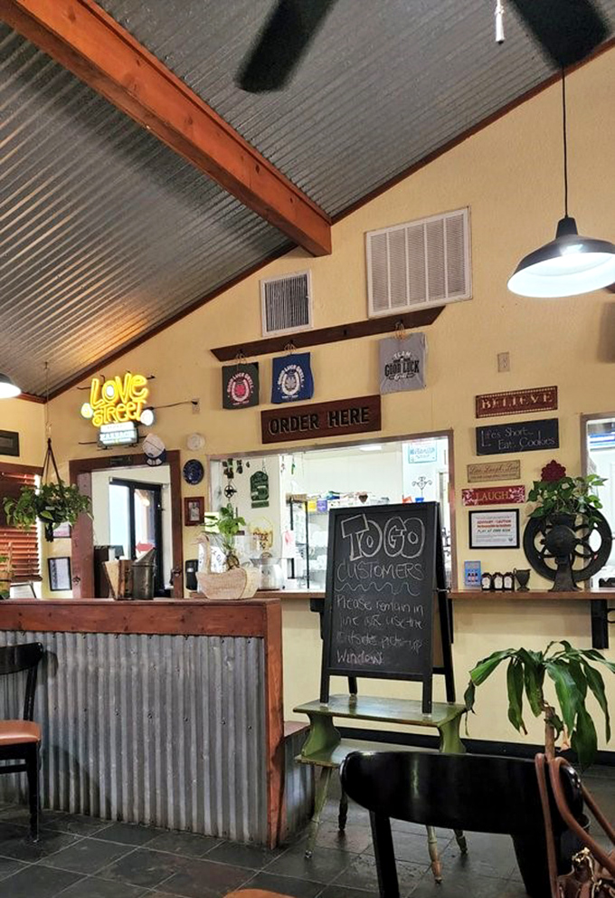 The order counter, where dreams come true and diets go to die, complete with a neon "Love Shack" sign that B-52s fans appreciate.