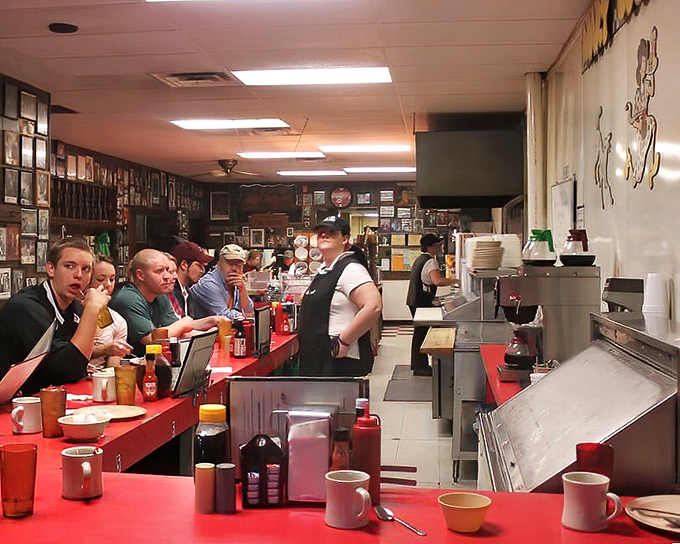 The counter culture of Mary Lou's&mdash;where regulars and newcomers alike gather for coffee and conversation. The red countertop has heard every local story worth telling.