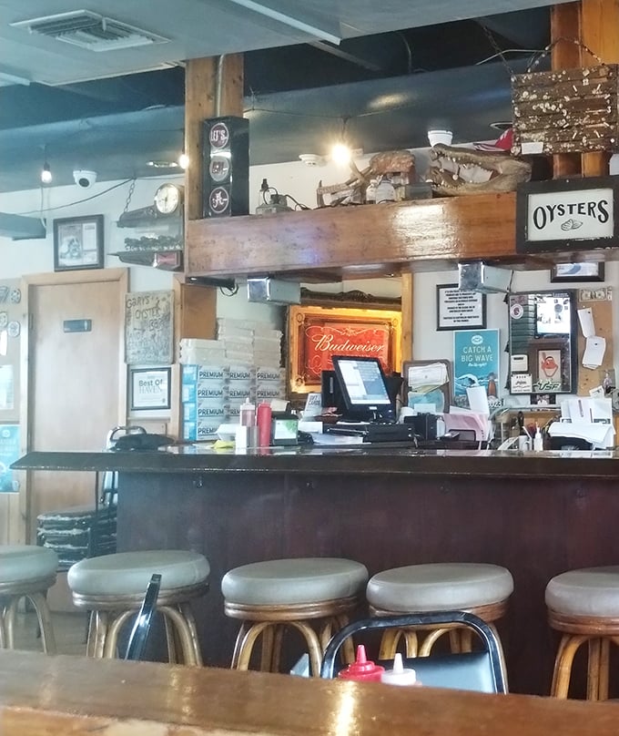 An alligator skull watches over the counter&mdash;a reminder that in Florida, the line between decor and dinner can be deliciously blurry.
